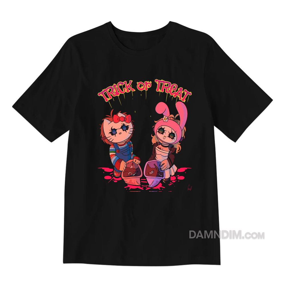 Chucky and Tiffany Hello Kitty Trick or Treat T-Shirt - Damndim.com